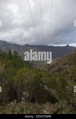 An aerial vertical shot of a mountain peak under a blue sky in Alberta ...