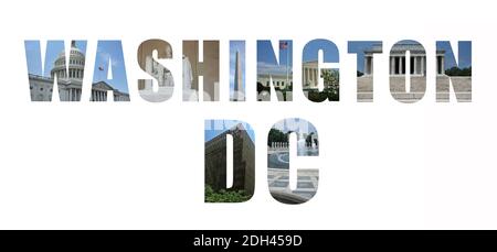 Collage of monuments and landmarks of Washington DC, text with shadow ...