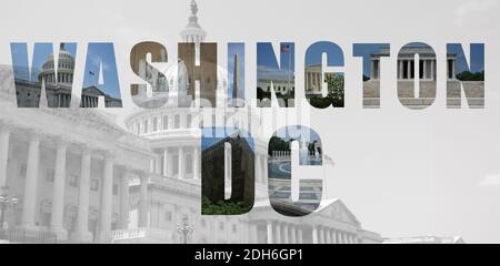 Collage of monuments and landmarks of Washington DC, text with shadow ...