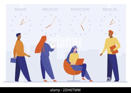 World clocks for time zones of different cities vector set. Travel to ...