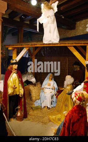 Crib at Christmas Market, Alsace in France Stock Photo - Alamy