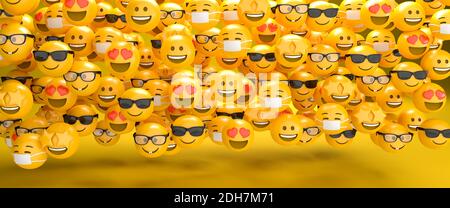 3d render of a set of repeating six different face emoji smileys. Copy ...