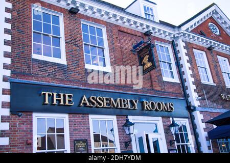 The Assembly Rooms entrance a Wetherspoons pub in Epsom, Surrey, UK ...