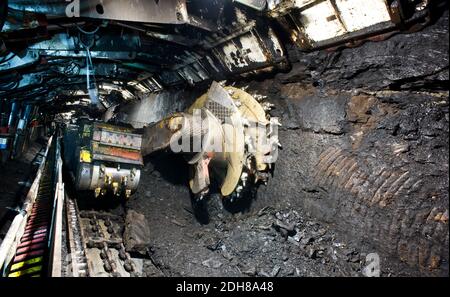 Longwall Mining, shearer with two rotating cutting drums and movable ...