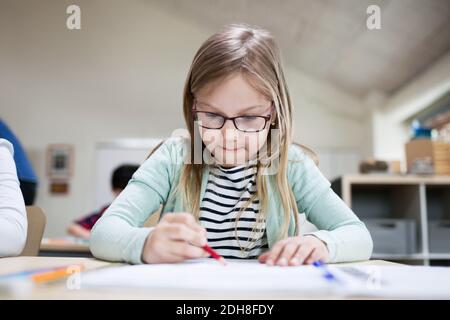 African American schoolgirl in eyeglasses examining computer program on ...