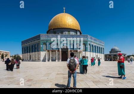 Tourists visiting the Golden Dome of the Rock, Qubbat al-Sakhra, an ...