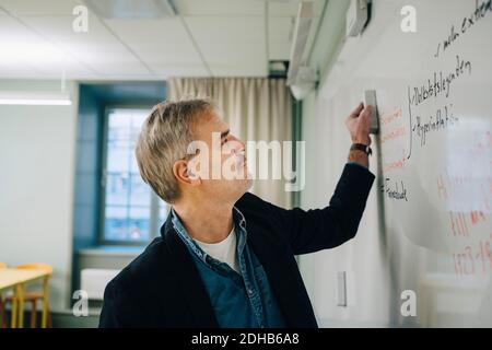 Teacher cleaning the whiteboard holding eraser erasing in classroom ...