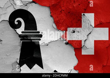 Flags of Basel-Country canton and Switzerland painted on cracked wall ...