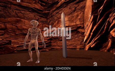 Alien Monolith Metal Object with Grey Alien in the desert. Extremely ...