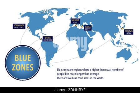 Map of the blue zones of longevity where people live longer than the ...