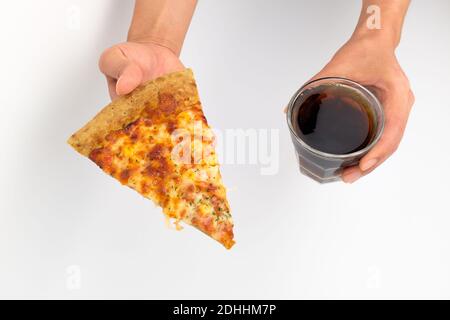 Cheese pizza and pickle and cola on white background Stock Photo - Alamy