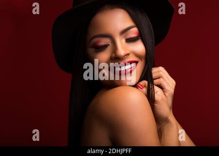 Head shot portrait excited dreamy businesswoman laughing, looking to ...