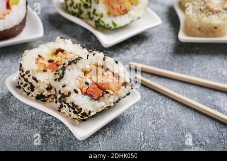 Sushi set on grey stone background. Healthy food Stock Photo - Alamy