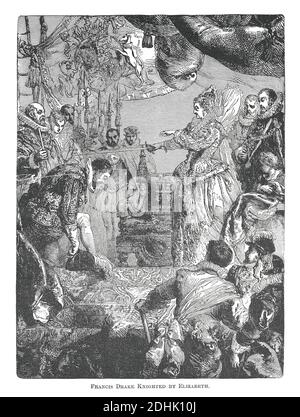 Illustration; Queen Elizabeth I knighting Francis Drake1585 Stock Photo ...