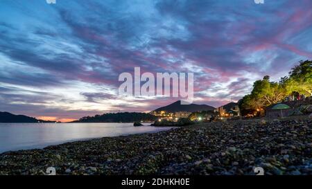 An aerial view of the cityscape of Budva at night, Montenegro Stock ...