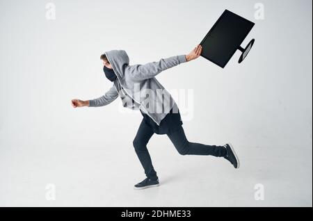man steals equipment disguise escape crime isolated background Stock ...