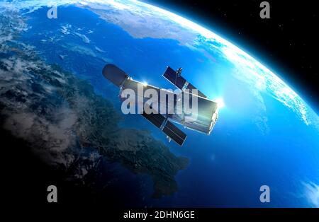 Artwork of the Hubble Space Telescope (HST) above the Earth. The Hubble ...