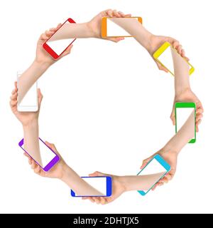 Female hands with modern mobile phones on blue background Stock Photo ...