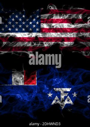 Waving American flag and flag of French Southern and Antarctic Lands ...