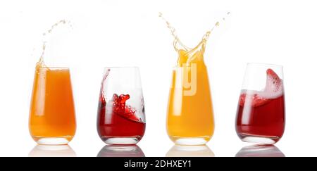 Set with splashes of different juices on white background. Banner ...