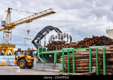 Grapple loader loading logs onto waiting logging truck. Cutblock just ...