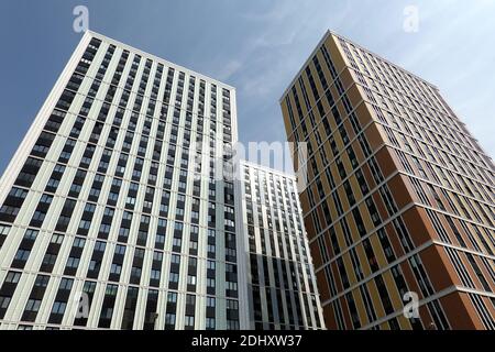 High bottom up perspective view of modern city skyscraper buildings ...