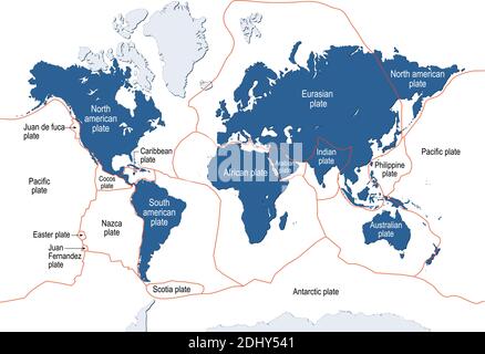 Tectonic plate earth map. Continental ocean pacific, volcano ...