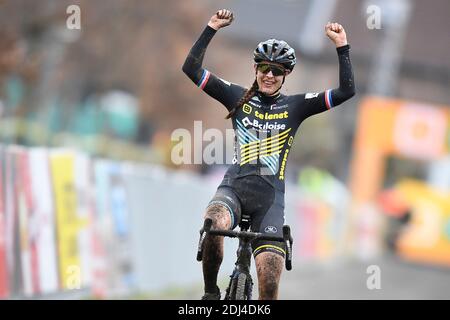 Dutch Lucinda Brand celebrates on the podium after winning the elite ...