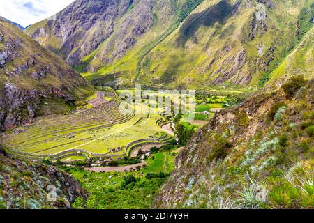 View of the Llactapata archeological site Inca ruins along the Inca ...