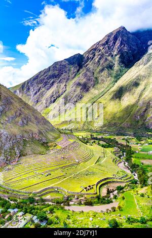 View of the Llactapata archeological site Inca ruins along the Inca ...