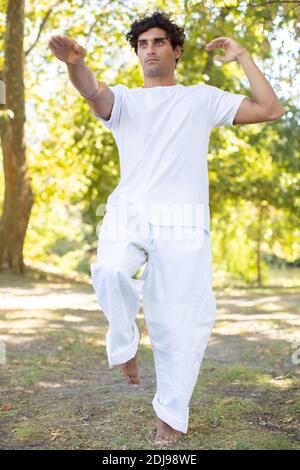 Man in vrikshasana, tree pose, yoga in nature in the jungle Stock Photo ...