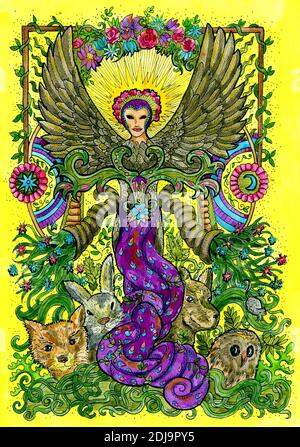 Fantasy creature, calendar month concept with magic mascot, watercolor ...