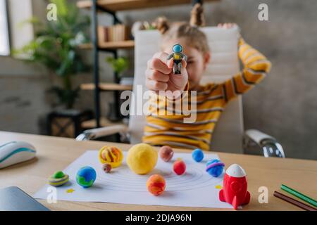 Child with solar system model. Kids planetarium. Little boy coloring ...