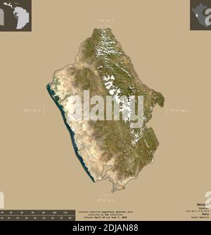 Ancash, region of Peru. High resolution satellite map. Locations and ...