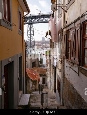 Porto, Portugal. Narrow and steep medieval street of the older parts of ...