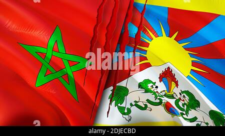Tibet and Morocco flags with scar concept. Waving flag,3D rendering ...
