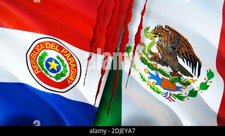 Mexico and Paraguay flags with scar concept. Waving flag,3D rendering ...