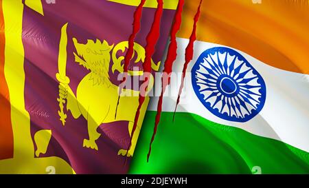 India and Sri Lanka flags with scar concept. Waving flag,3D rendering ...