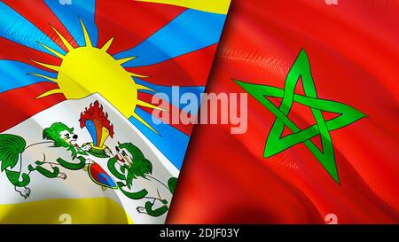 Morocco and Tibet flags with scar concept. Waving flag,3D rendering ...