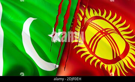 Kyrgyzstan and Pakistan flags with scar concept. Waving flag,3D ...