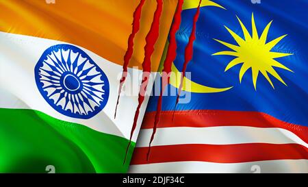 Malaysia and India flags with scar concept. Waving flag,3D rendering ...