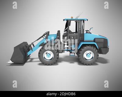 Blue large road frontal loader side view 3D rendering on white ...