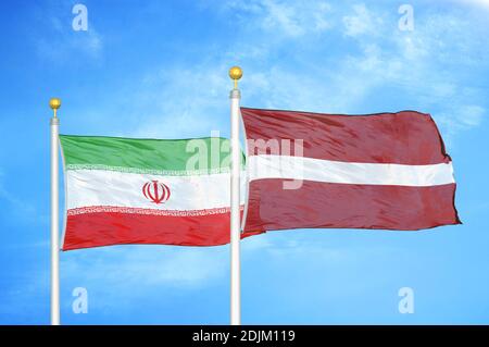 Latvia and Iran flag waving in the wind against white cloudy blue sky ...