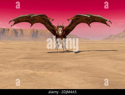 monster dragon on desert is taking off, 3d illustration Stock Photo - Alamy