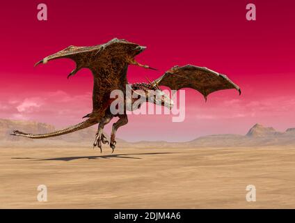 dragon is taking off on desert side view, 3d illustration Stock Photo ...