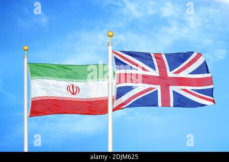 United Kingdom flag and Iran flag, with blue sky Stock Photo - Alamy