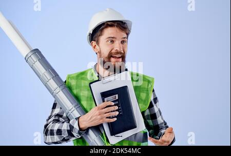 emotional man builder engineer blueprints work professional Stock Photo ...