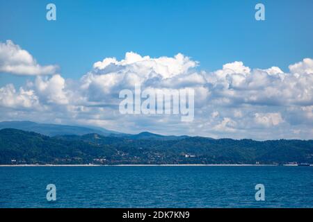 The scenic sea mountains and blue water with sailing boats in Porto ...