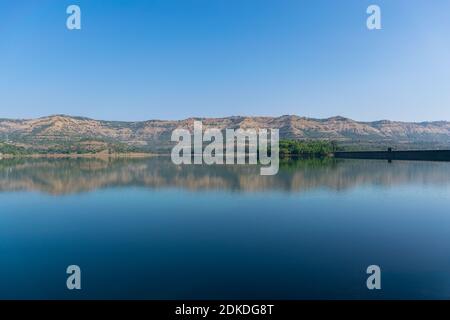 Panoramic view of beautiful Panshet dam with lush green trees on the ...