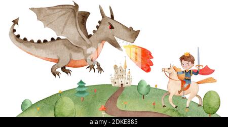 Illustration of Prince fight agains dragon Beautiful fairytale castle ...